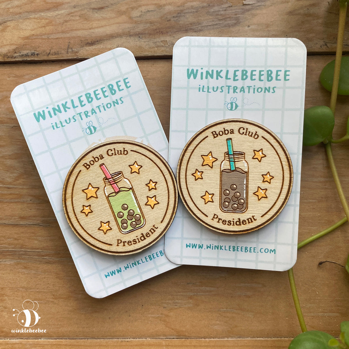 Boba Club President Pin - Laser Engraved Wood — Big Whale Consignment