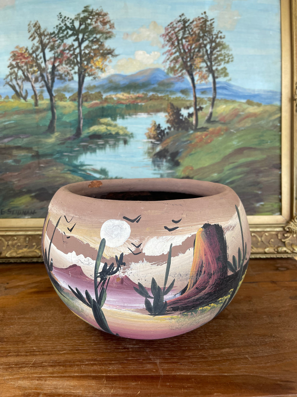 Hand-Painted Terracotta Desert Landscape Pot Marked "Mexico" — Big ...