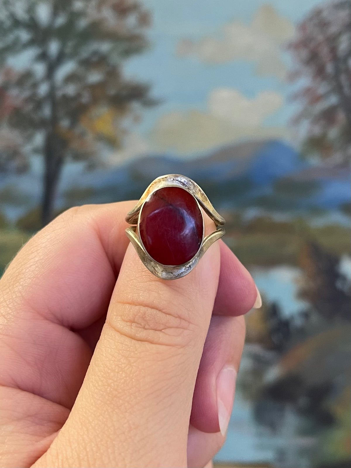 Vintage Ring with Oval Red Cabochon Stone — Big Whale Consignment