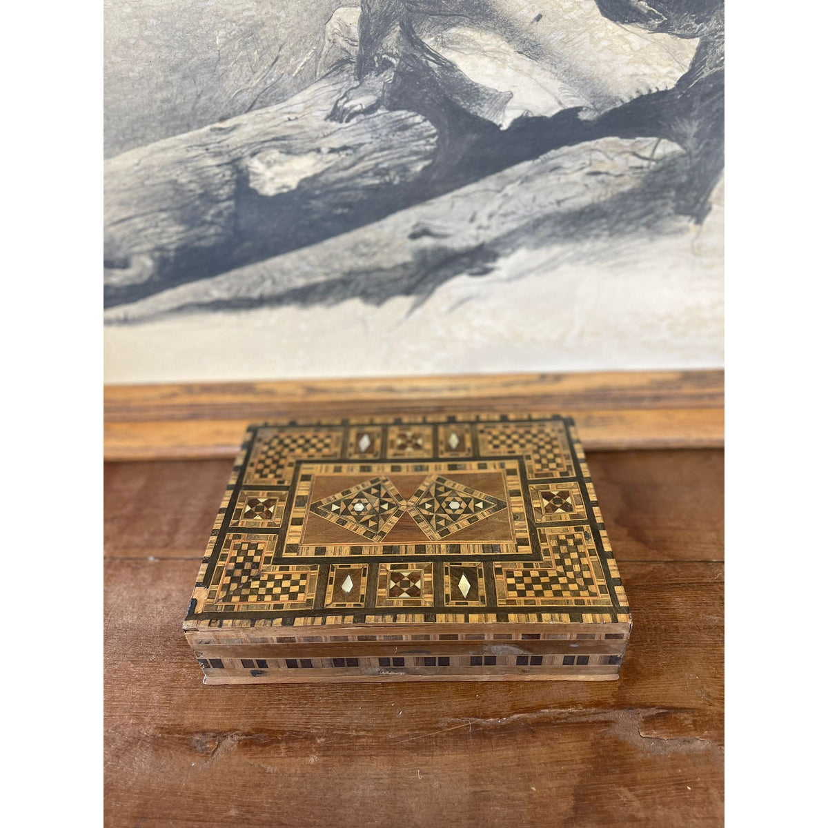 Vintage Wooden Box Inlayed Wooden Mosaic — Big Whale Consignment
