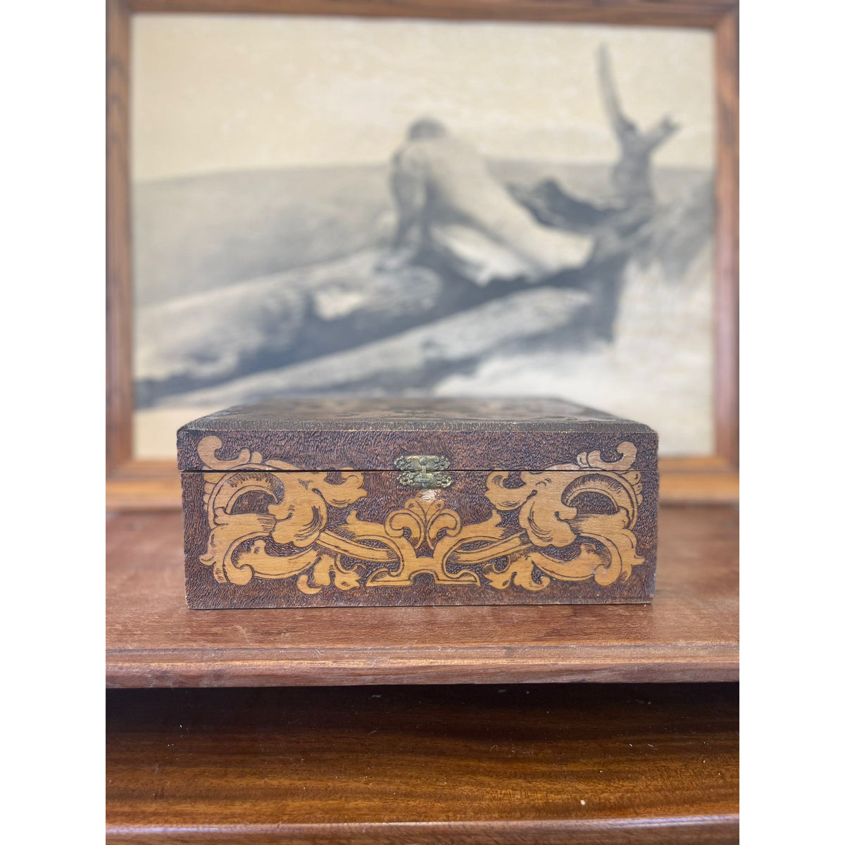 Wooden Box With Pyrography Mosaic and Hinge Clasp — Big Whale Consignment